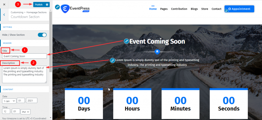 Countdown Section Setup in Frontpage Sections – Help – Nayra Themes